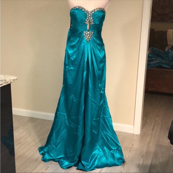 enzoani Love | Dresses | Turquoise Satin Evening Gownprom With Slit Up Leg Train And Corset Back ...